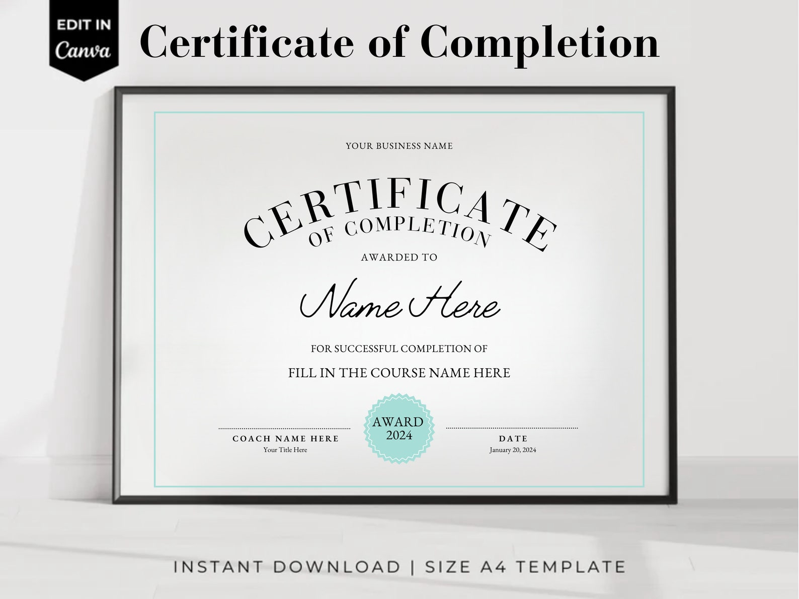 Editable Certificate of Completion Template, Printable Course ...