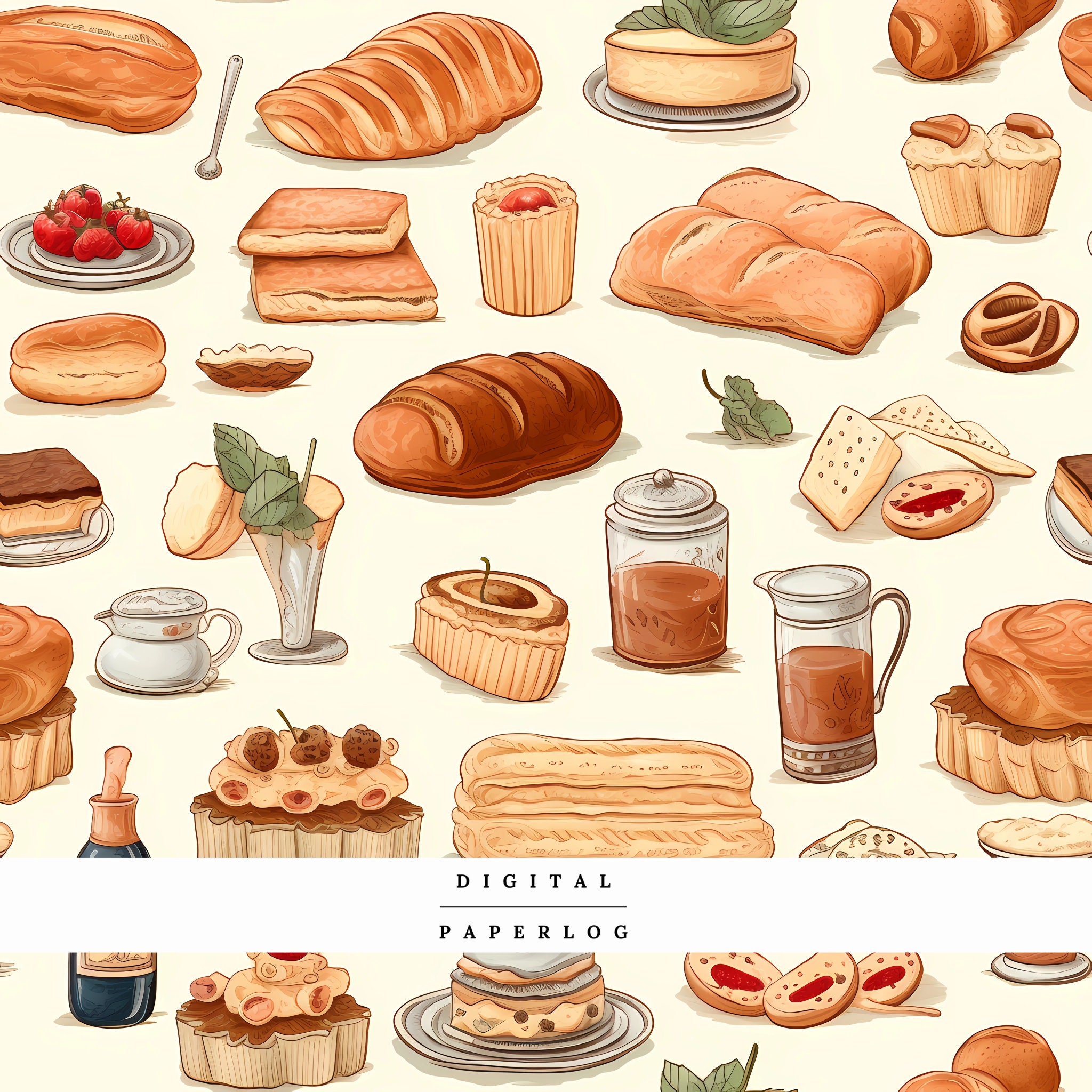 French Pastries Seamless Pattern, Instant Download, Digital Paper ...