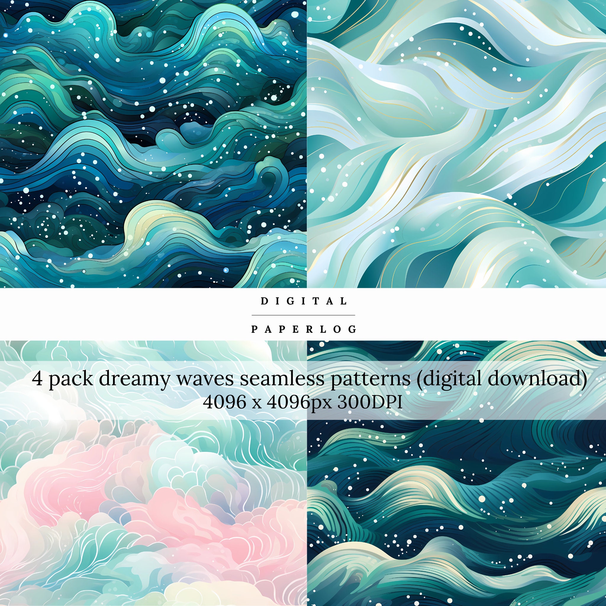 Green Blue Waves Digital Paper 4 Seamless Patterns Dreamy Waves 300DPI / 4096 Pixels Instant ...