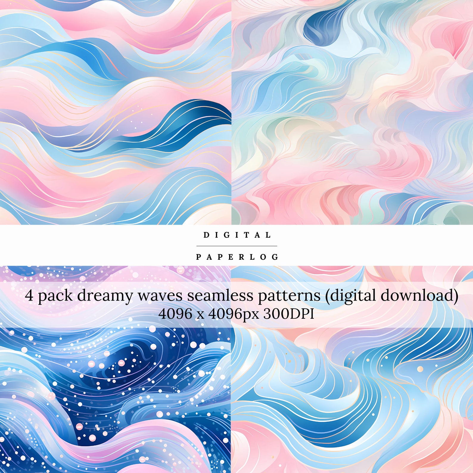 Pink Blue Waves Digital Paper - 4 Seamless Patterns - Dreamy Waves ...