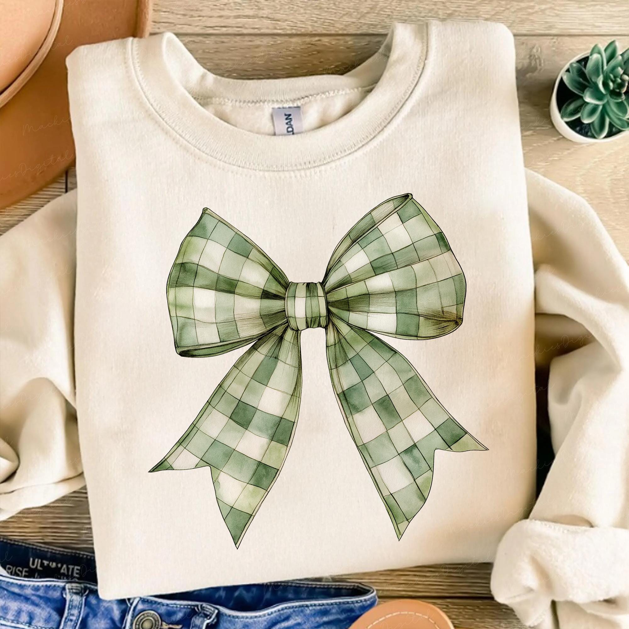 Rustic Gingham Bow Png, Watercolor Vintage Bow Clipart Png, Muted Green ...