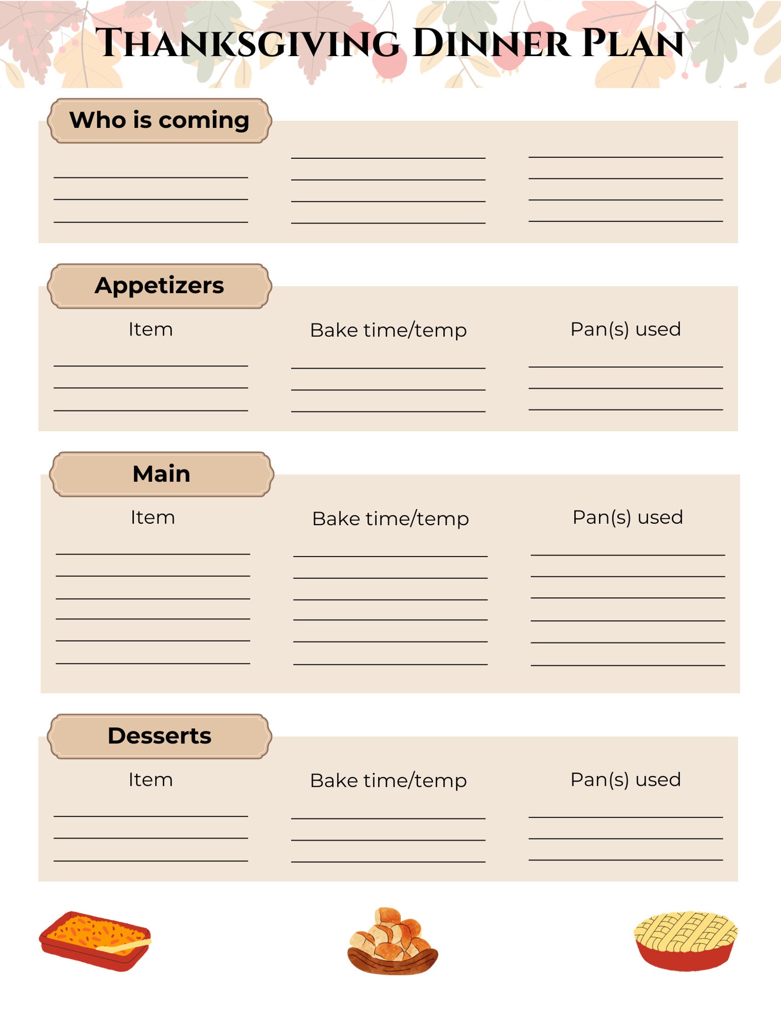 Thanksgiving Dinner Plan + Grocery List Printable (instant Download) - Etsy
