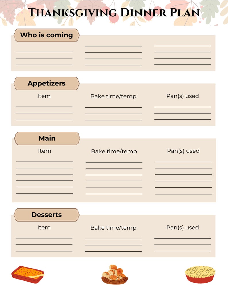 Thanksgiving Dinner Plan + Grocery List Printable (instant Download) - Etsy