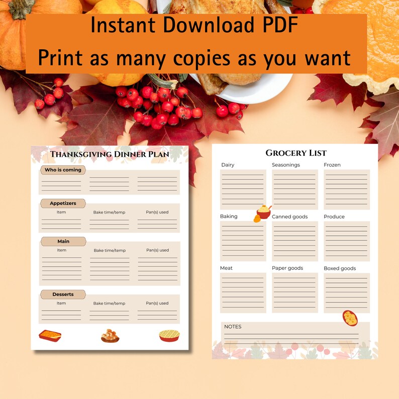 Thanksgiving Dinner Plan + Grocery List Printable (instant Download) - Etsy