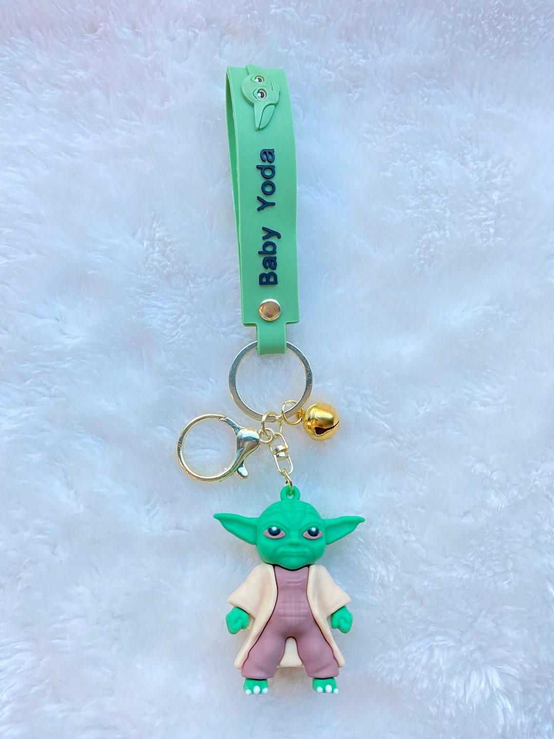 Angry Baby Yoda Green Key Chain Tan Robe Bell Charm Gold Chain Robe ...