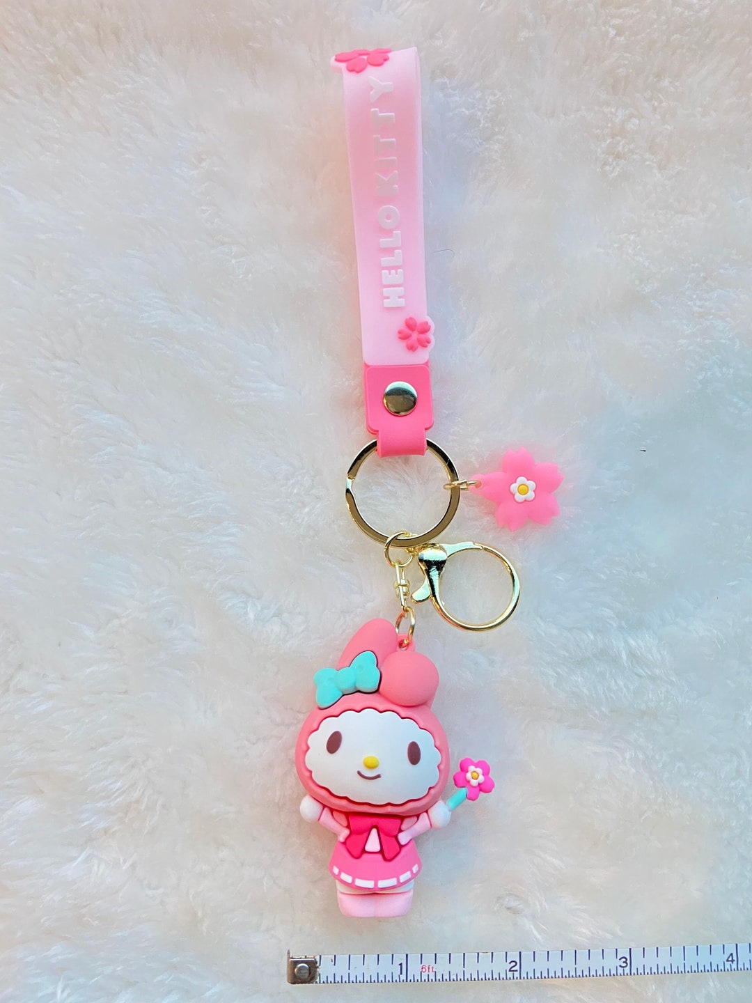 Hello Kitty Fairy Pink Key Chain With Head Charm Gold Chain Dress Bow ...