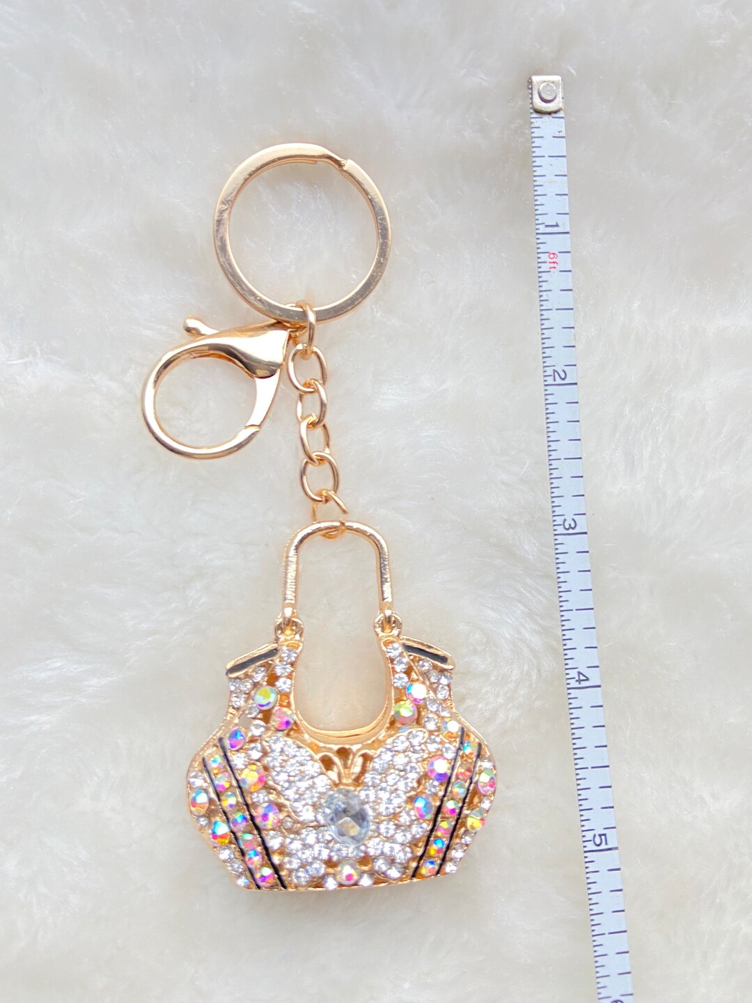Metal Sac Style Purse White and Gold Key Chain Long Handle Cute Gold ...