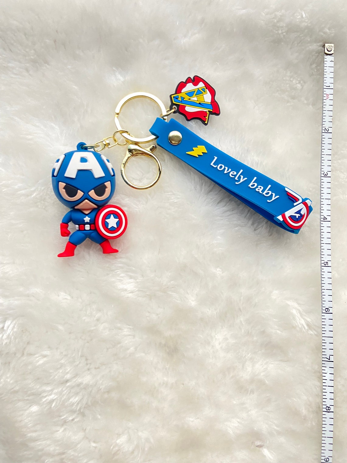 Captain America Blue Key Chain Avengers Symbol Charm Gold Chain Cute ...