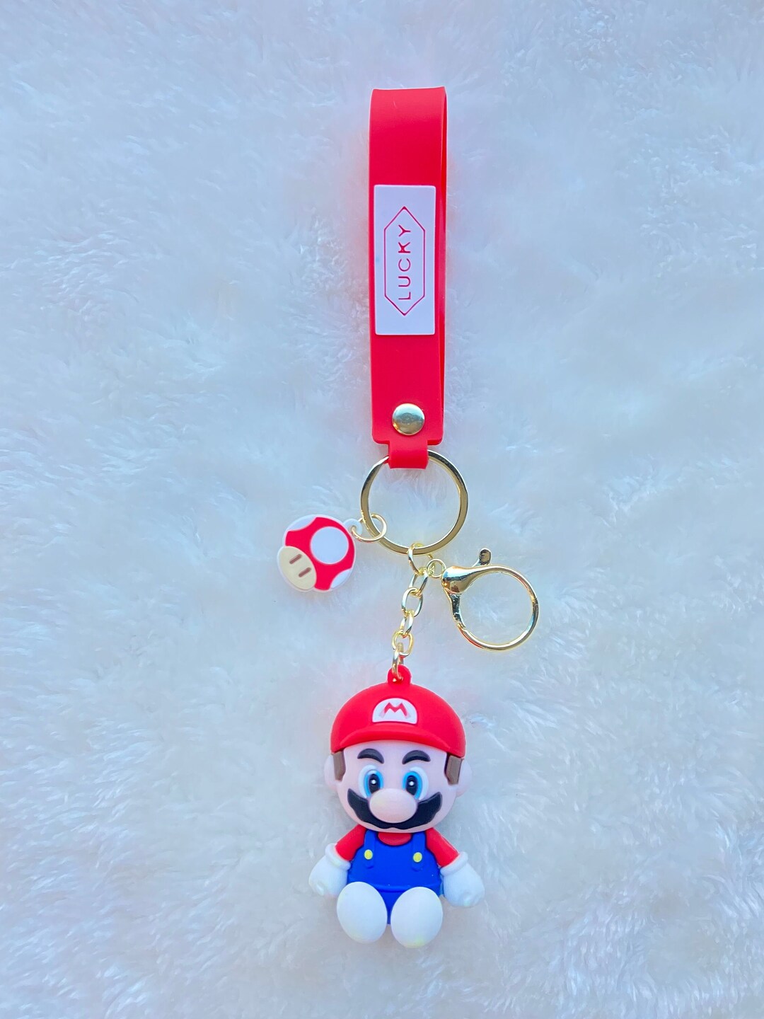 Mario Brothers Red Key Chain Lucky Head Charm Gold Chain Blue Overall ...