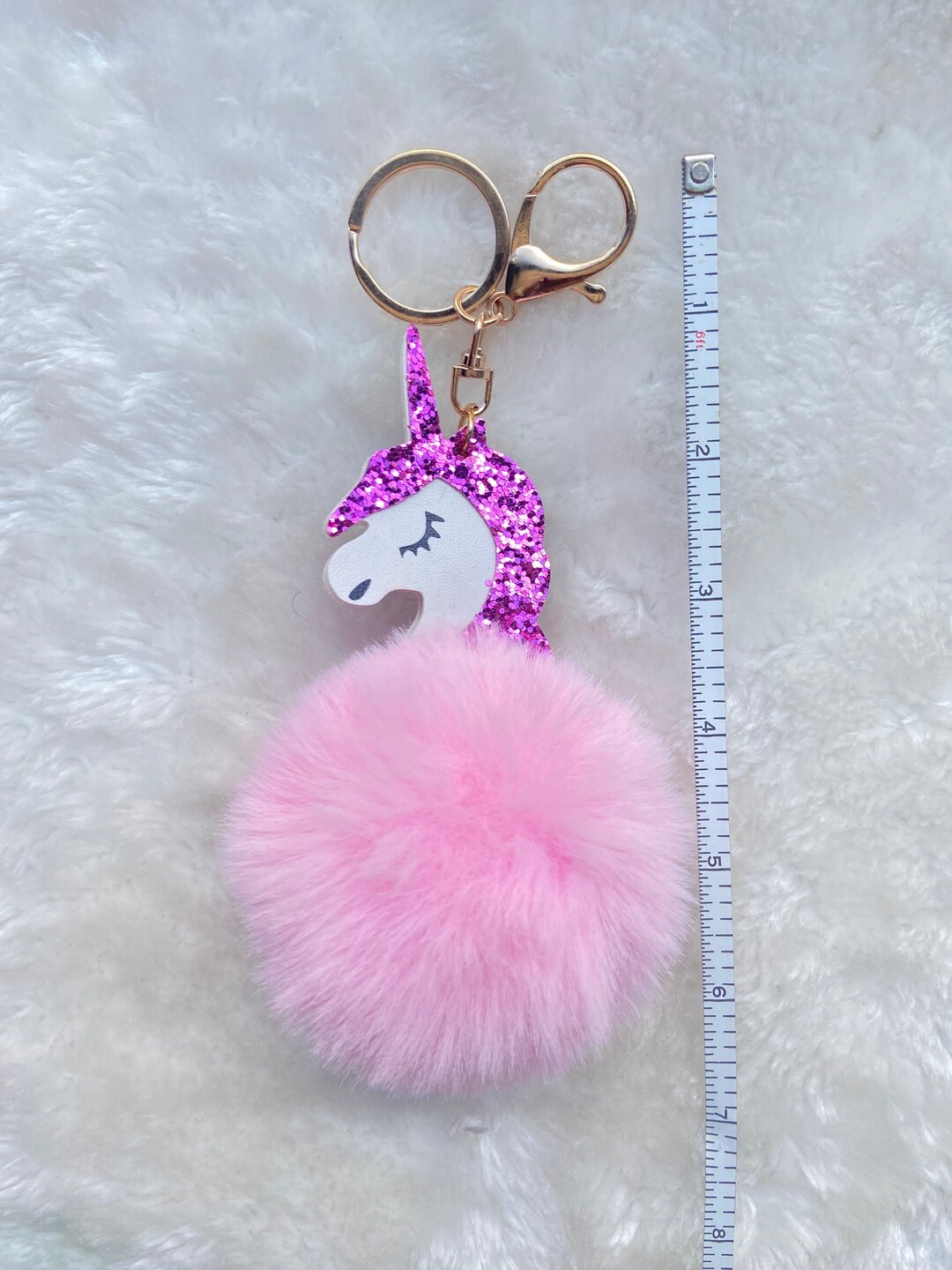 Pink Pom Pom Purple Glitter Unicorn Keychain Cute Fun Gift Gold Charm ...
