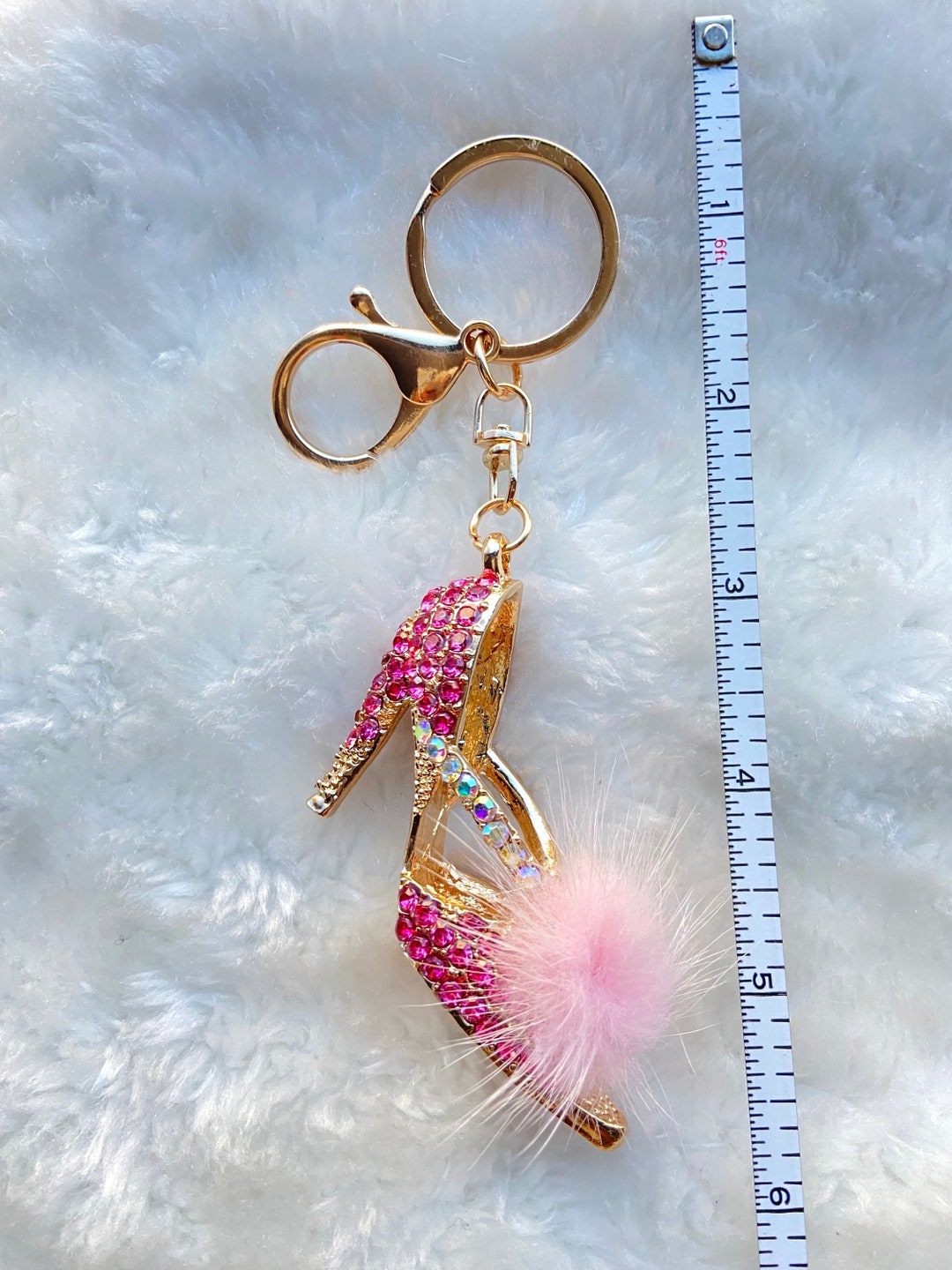 Metal Mid Heel Pink Pom Pom Key Chain Glitter Details Bling Diamond ...