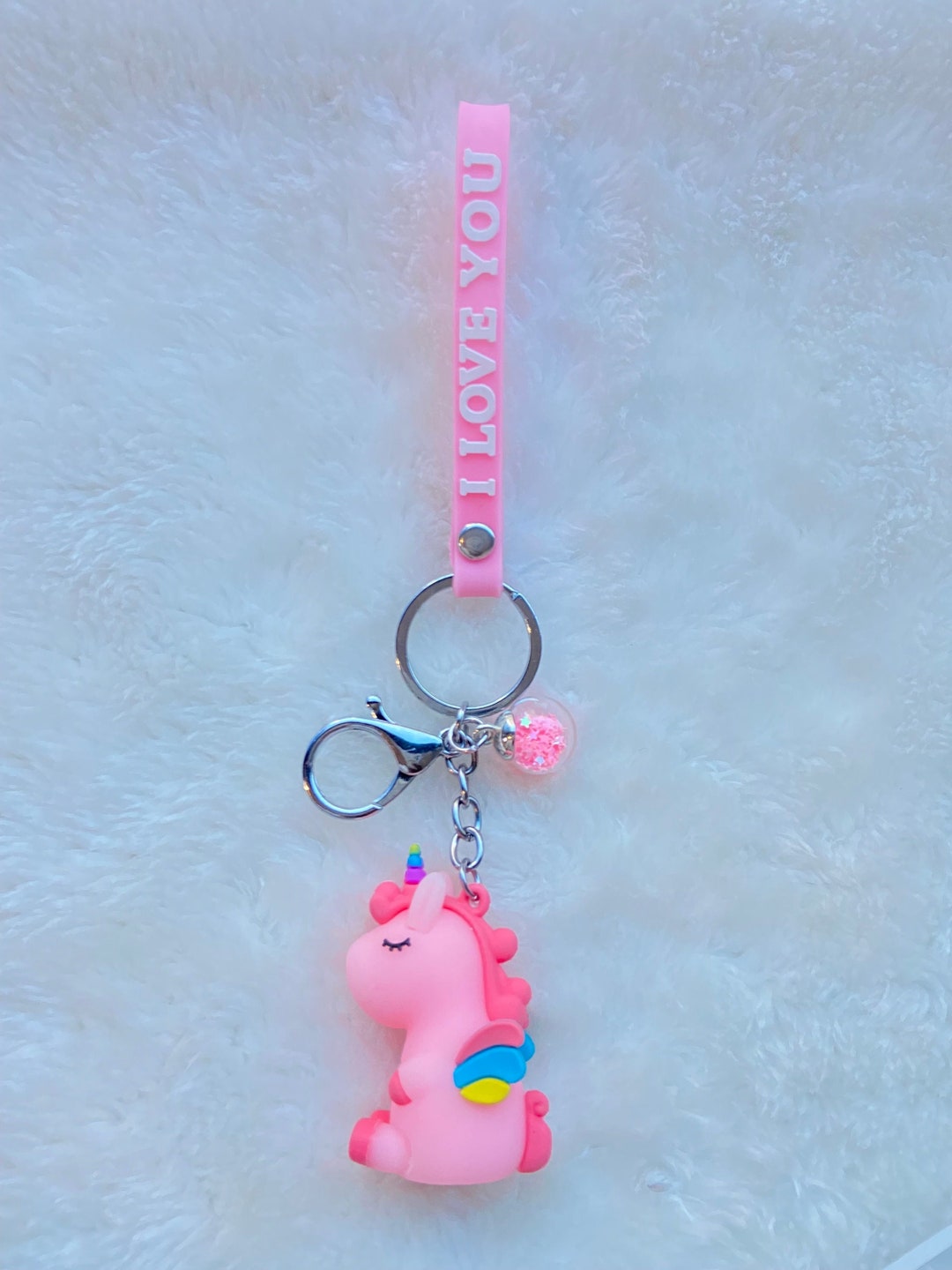Disney Pink Key Chain Unicorn Cute Wings Glitter Charm Silver Chain ...