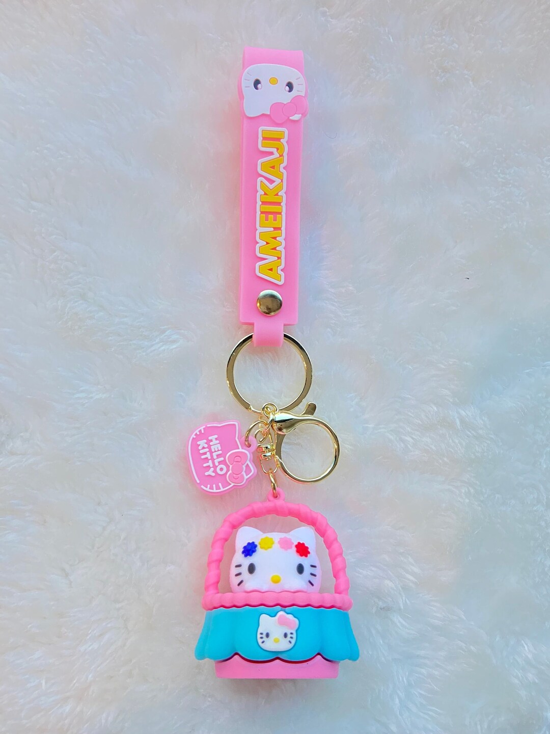 Hello Kitty Basket Pink Key Chain With Hidden Charm Gold Chain Bow ...