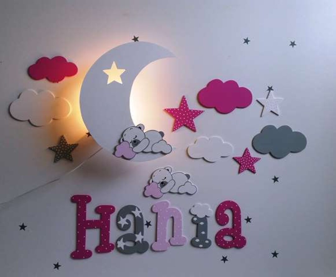 Children's Wooden Lamp With a Teddy Bear. Moon With a Cloud and a ...