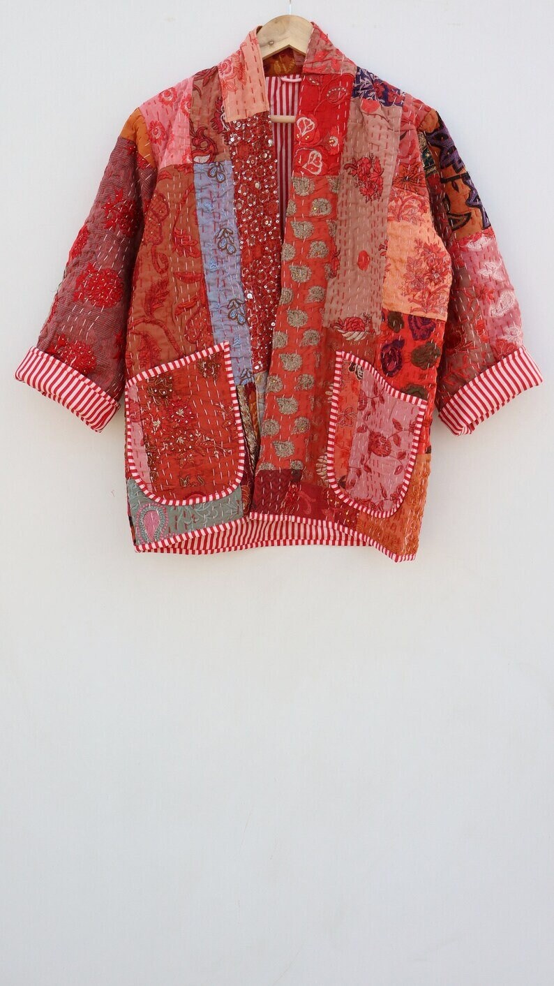Block Print Kantha Robe, Kantha Jacket, Handmade Floral Print ...
