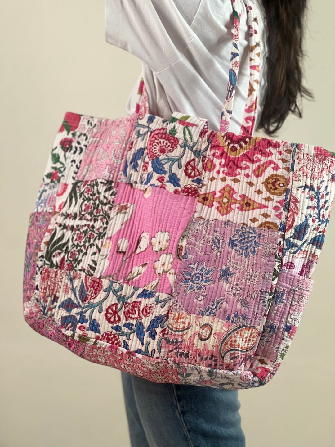 Multi Coloured Patchwork Quilted Everyday Tote Bag Quilted Duffle Tote ...
