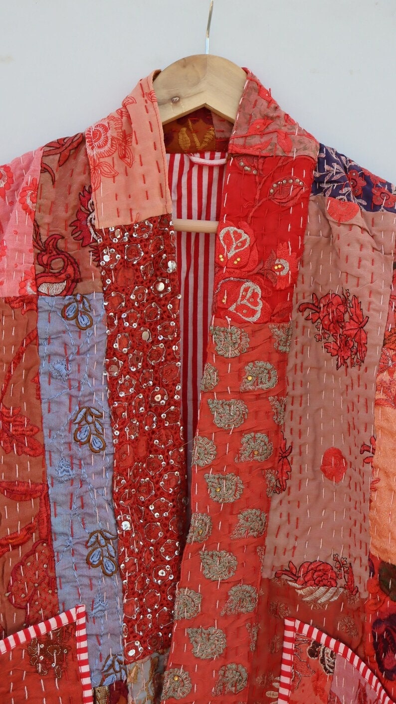 Block Print Kantha Robe, Kantha Jacket, Handmade Floral Print ...
