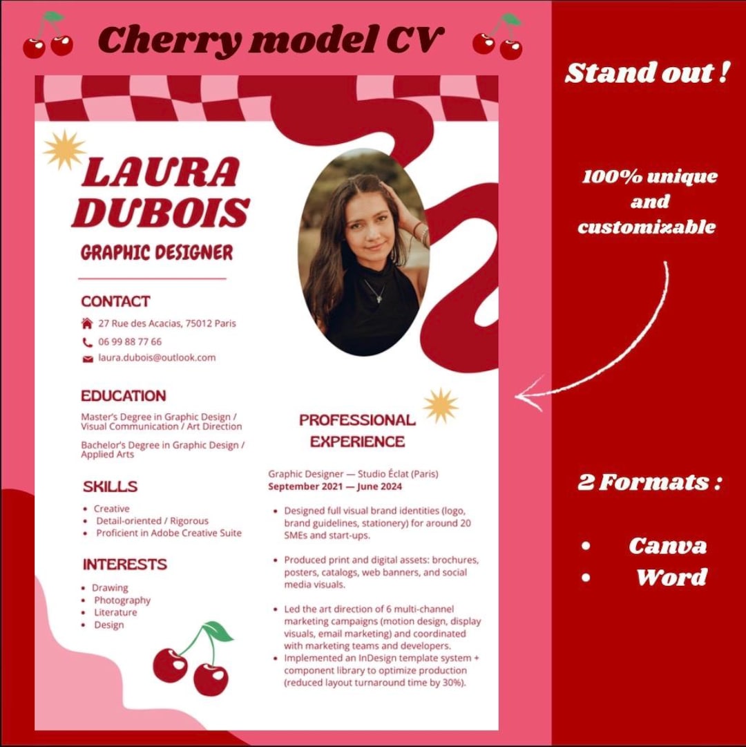 CHERRY MODEL CV, Canva CV Template With Cover Letter - Etsy