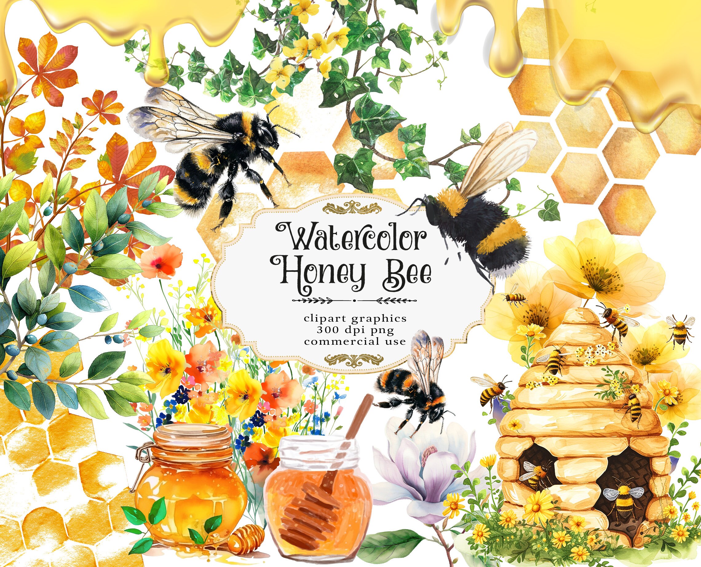 Watercolor Honey Bee Clipart, Spring Garden Bee and Honey Drips Clip ...