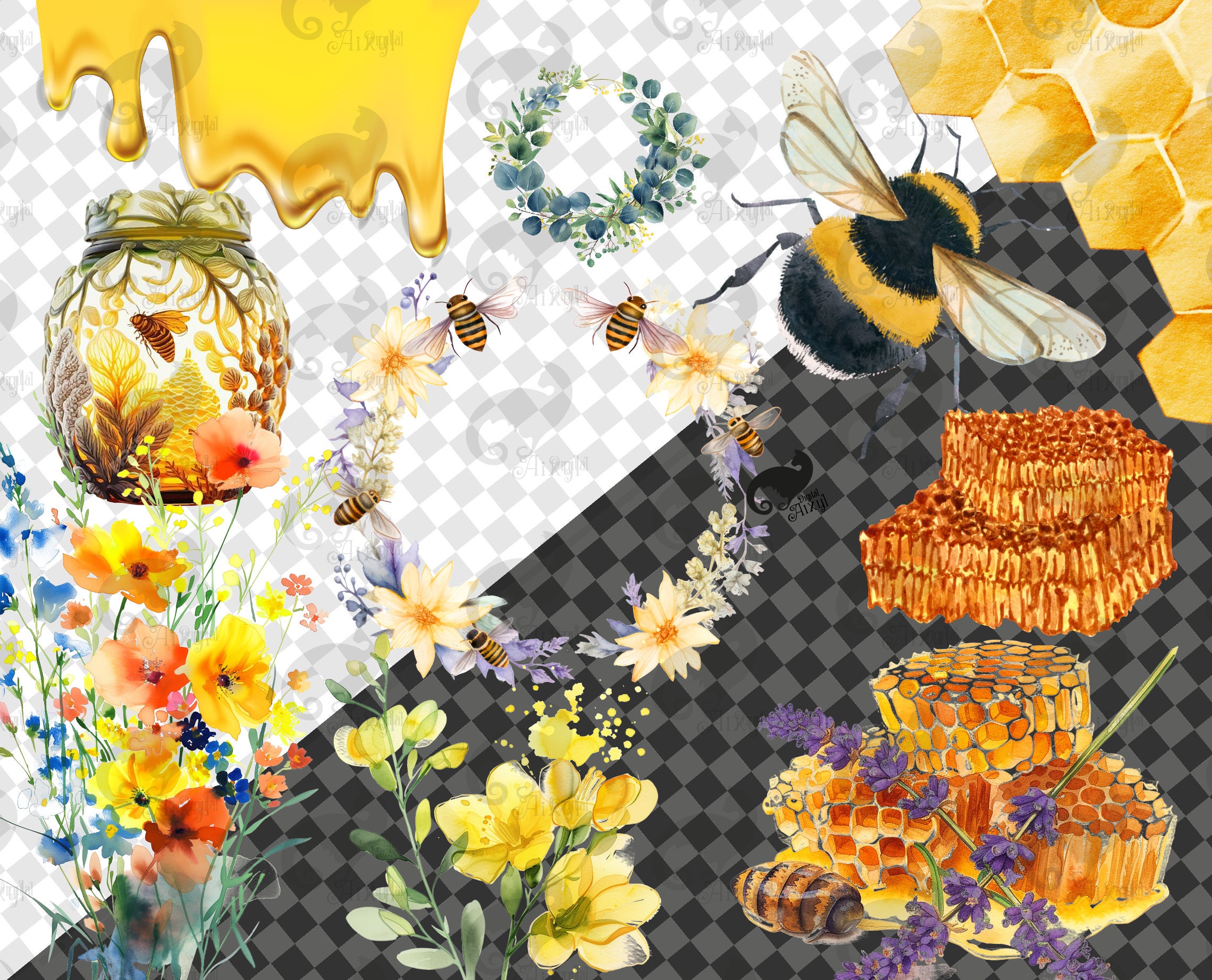 Watercolor Honey Bee Clipart, Spring Garden Bee and Honey Drips Clip ...