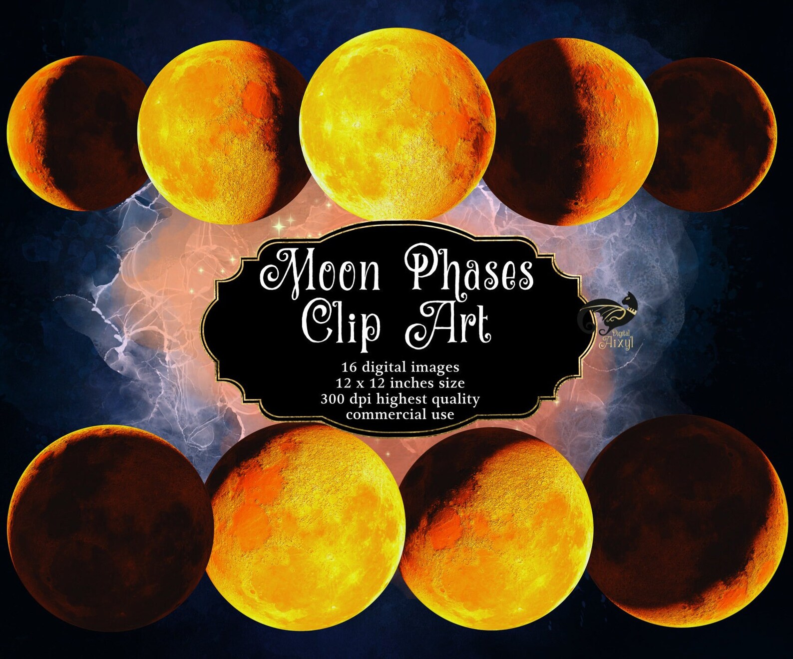 Moon Phases Clipart, Watercolor Galaxy Paint Splash, Design Elements ...