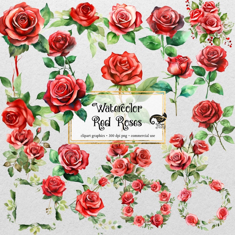 Watercolor Red Roses Clipart Roses and Leaves in PNG Format Instant ...