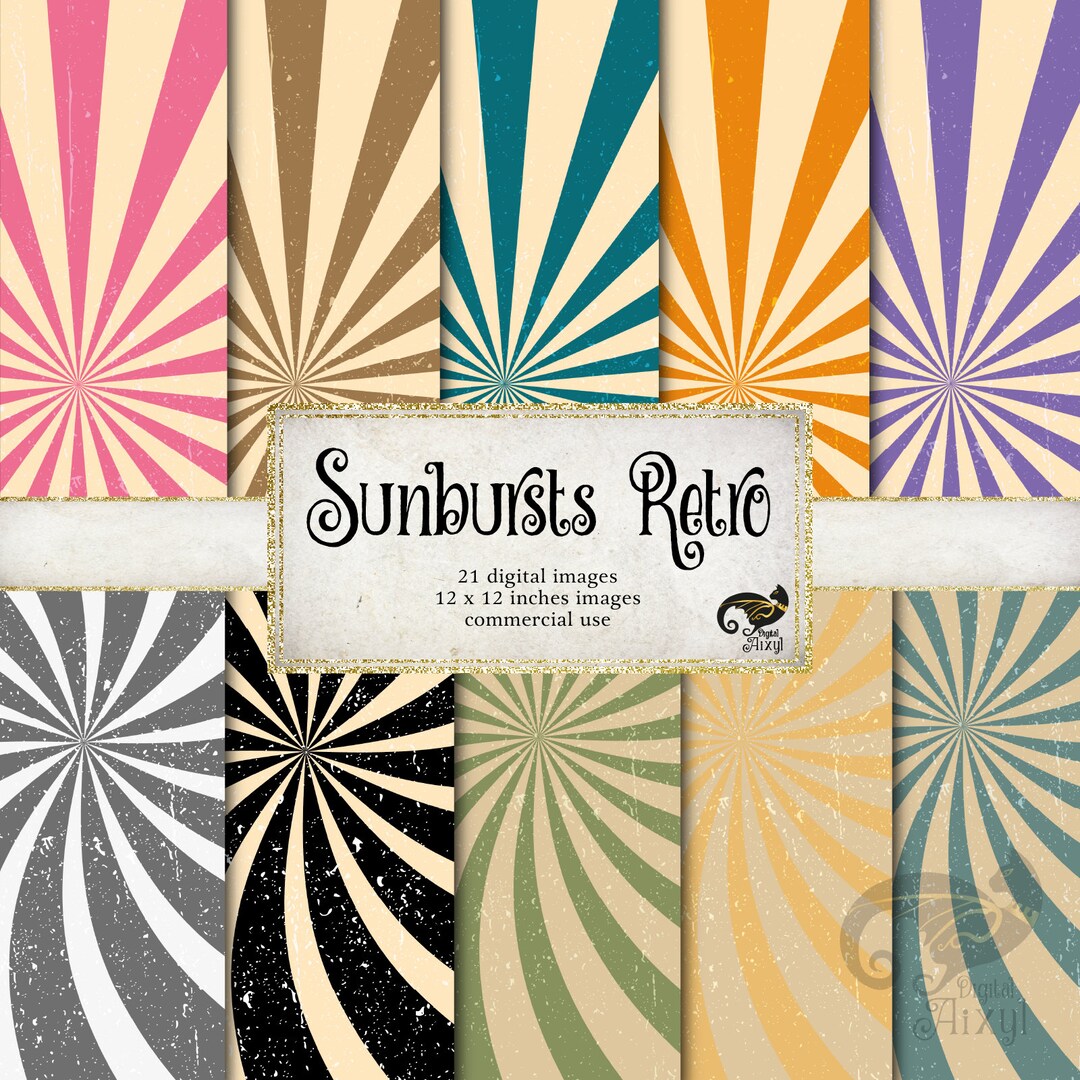 Retro Sunburst Digital Paper, Starburst Backgrounds, Printable ...