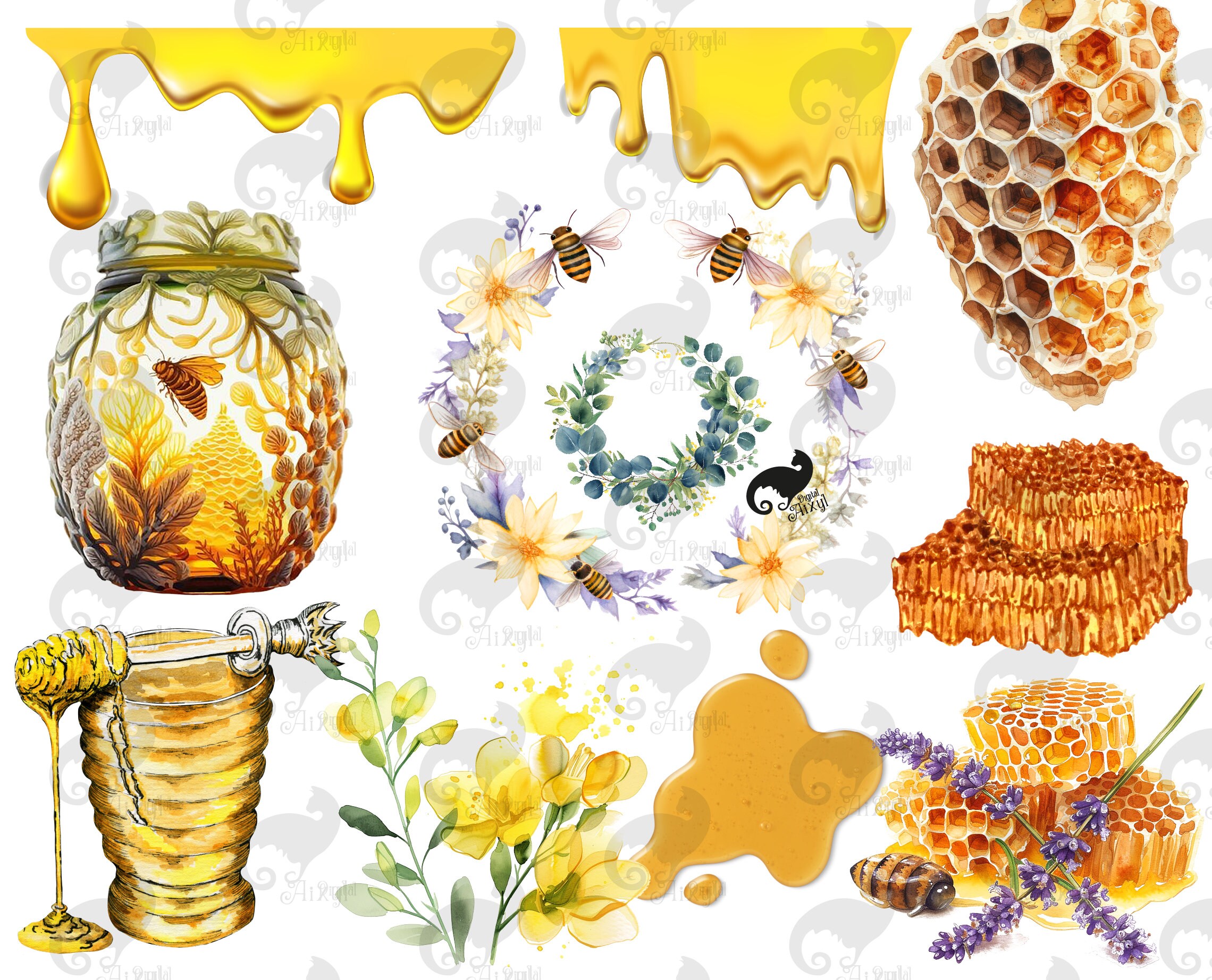 Watercolor Honey Bee Clipart, Spring Garden Bee and Honey Drips Clip ...