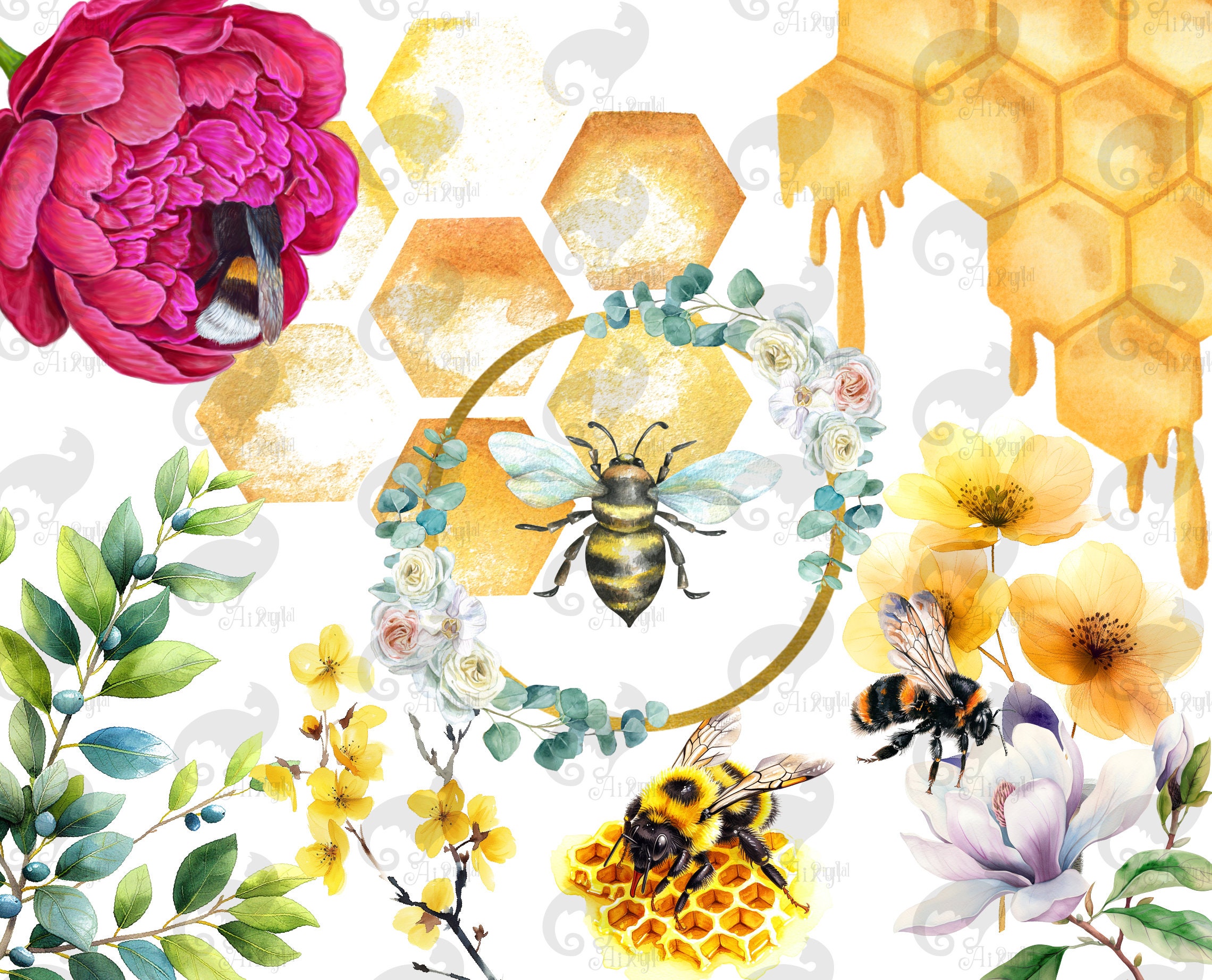 Watercolor Honey Bee Clipart, Spring Garden Bee and Honey Drips Clip ...