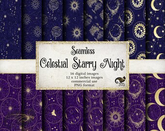 Celestial Starry Night Digital Paper Pack, Seamless Navy Textures and ...