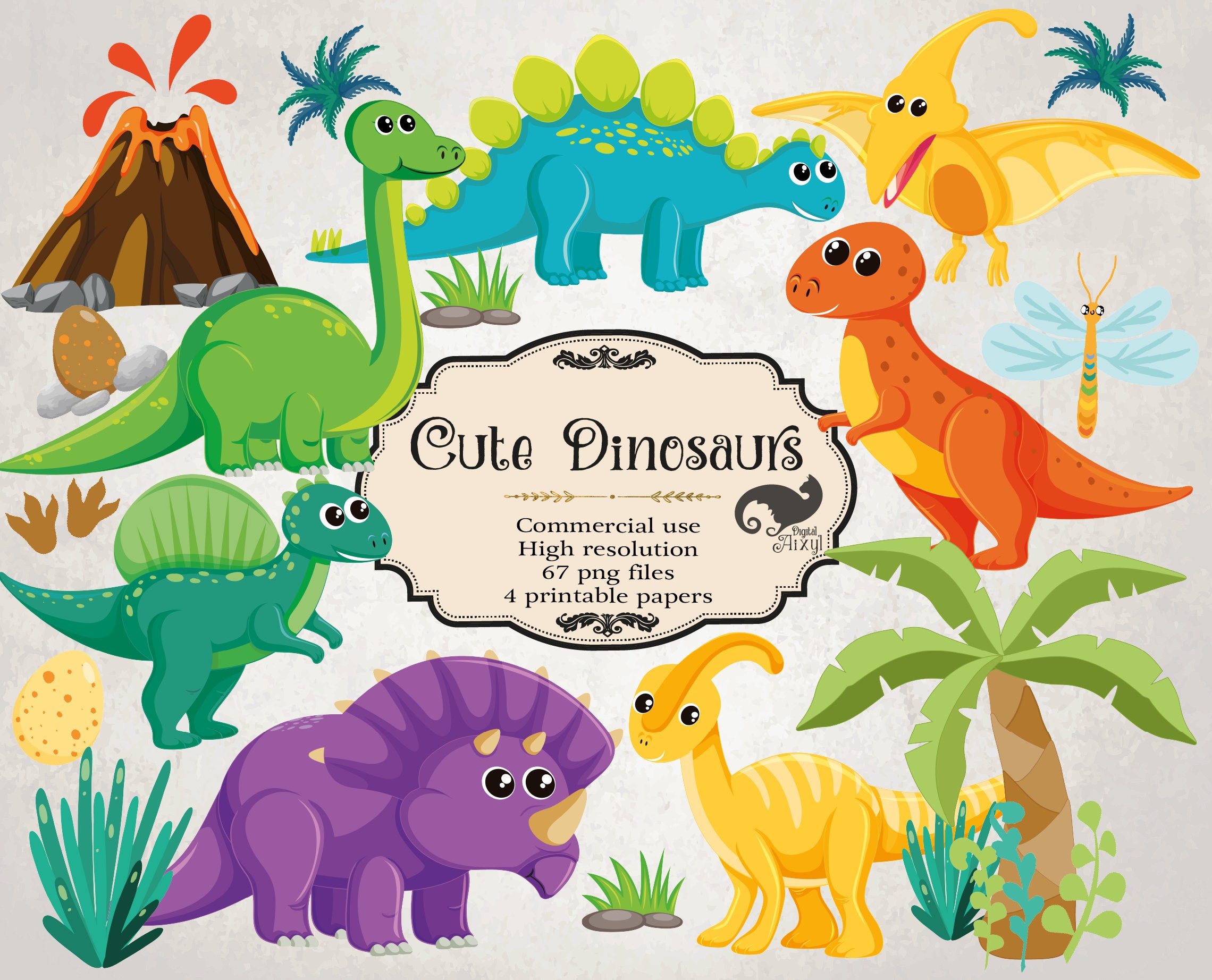 Dinosaur Clipart DINOSAURS Clipart and Digital Paper Set Cute Dinosaur ...