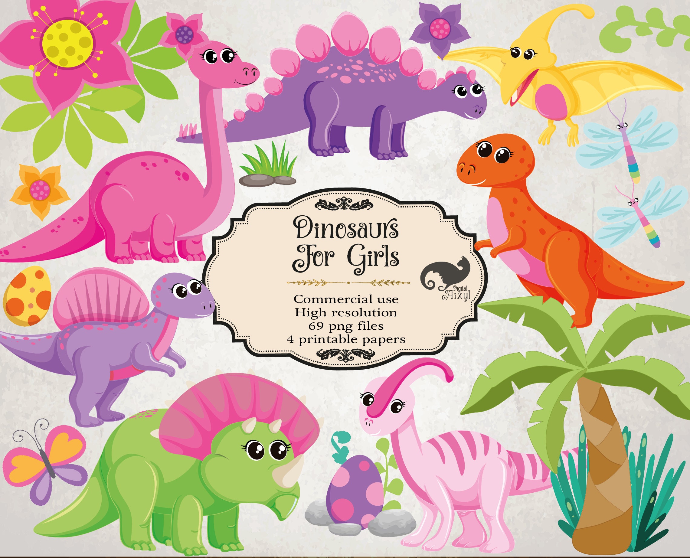 Dinosaur Clipart Dinosaurs for Girls Clip Art Girly Dinosaurs Digital ...