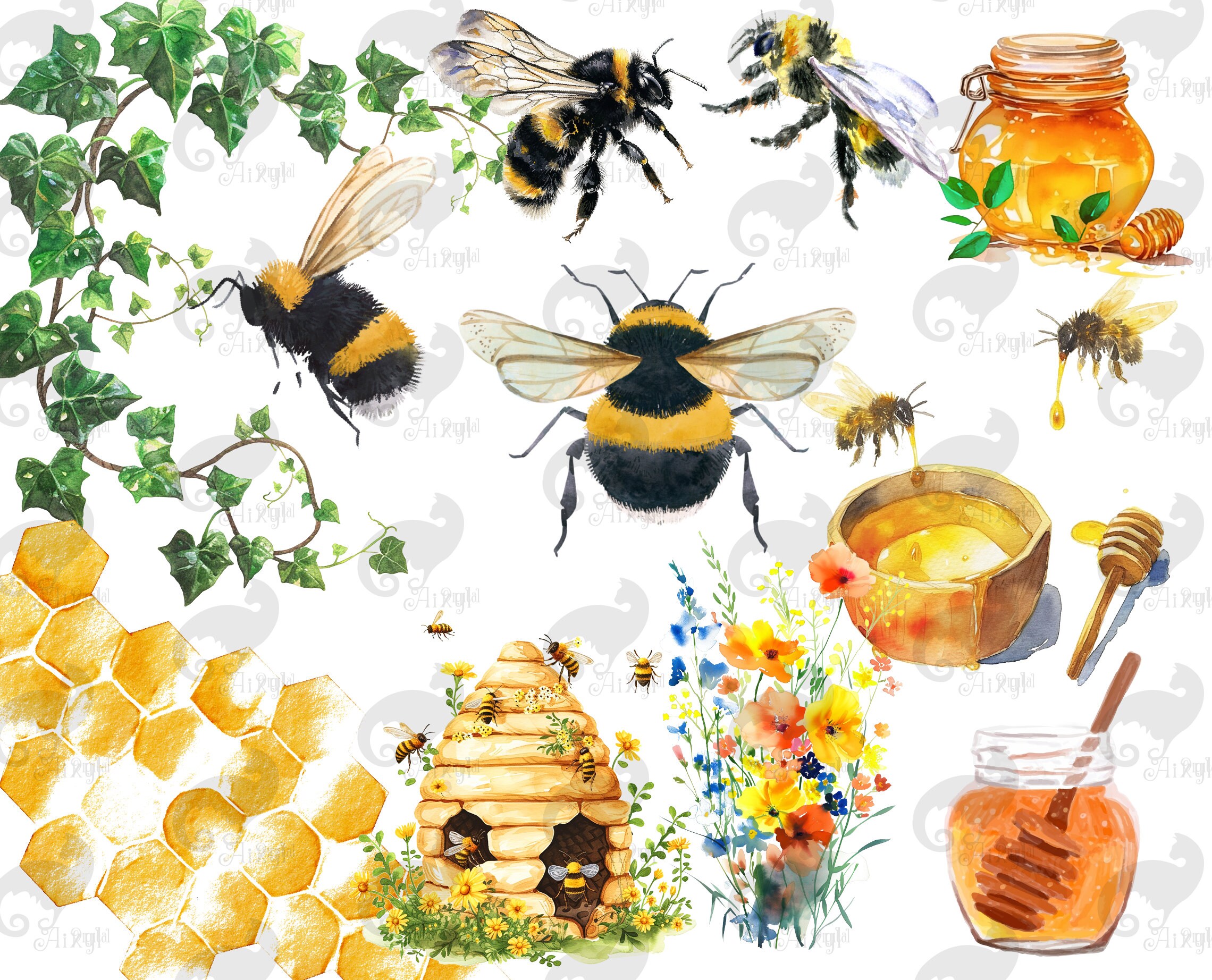 Watercolor Honey Bee Clipart, Spring Garden Bee and Honey Drips Clip ...