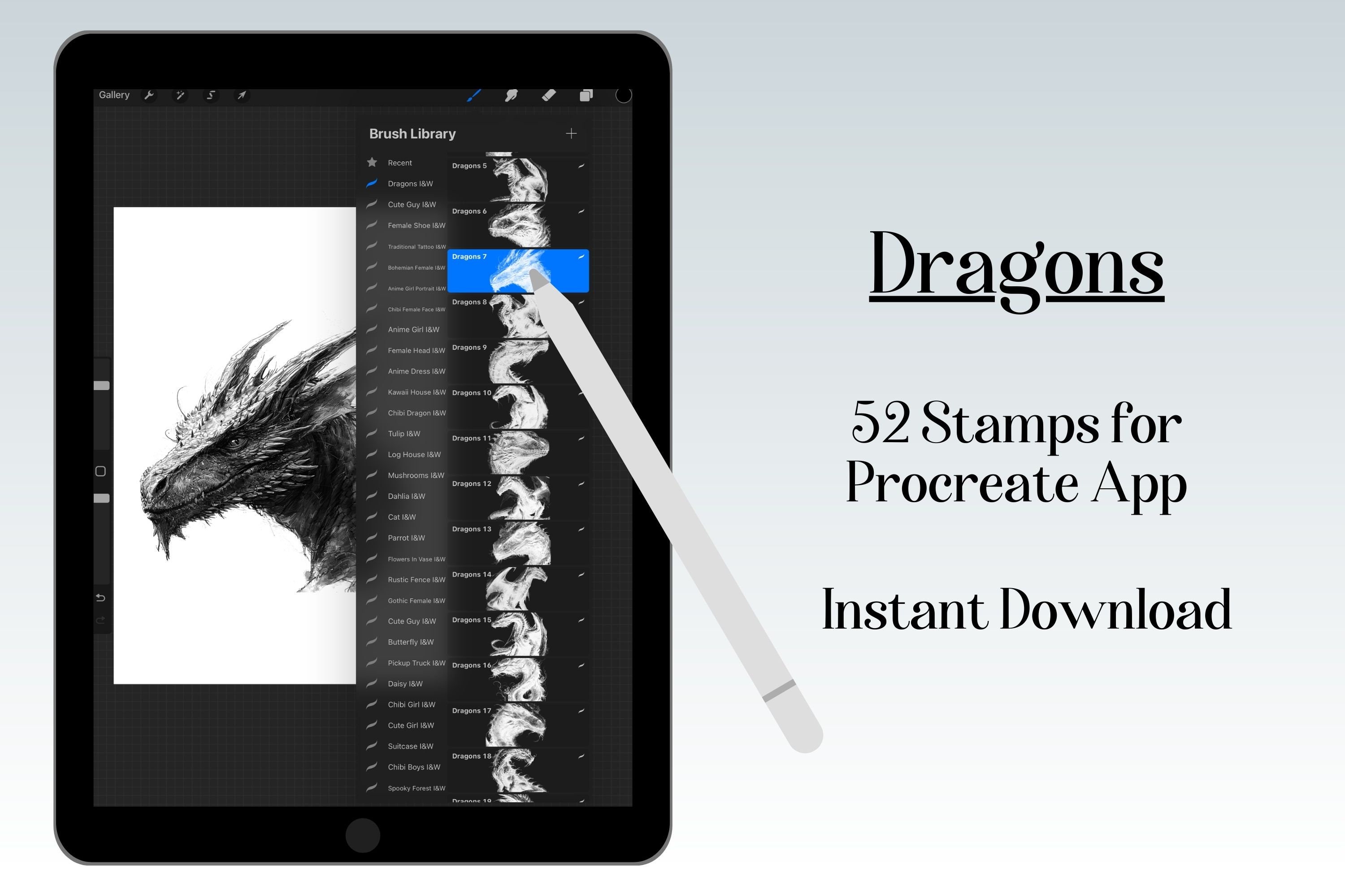 Dragons Procreate Stamp Brushes, 52 Procreate Stamps, Reference Images ...