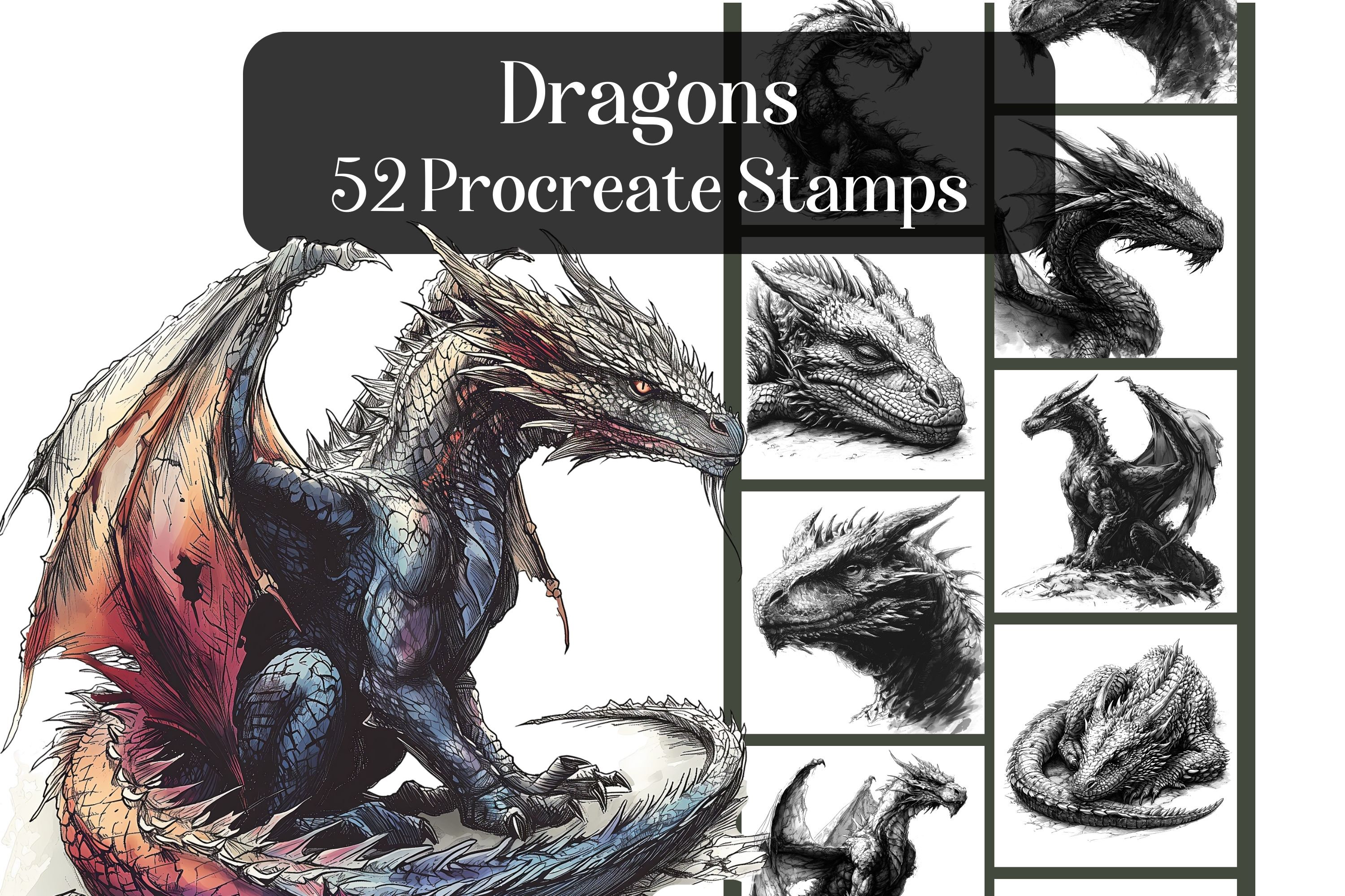 Dragons Procreate Stamp Brushes, 52 Procreate Stamps, Reference Images ...