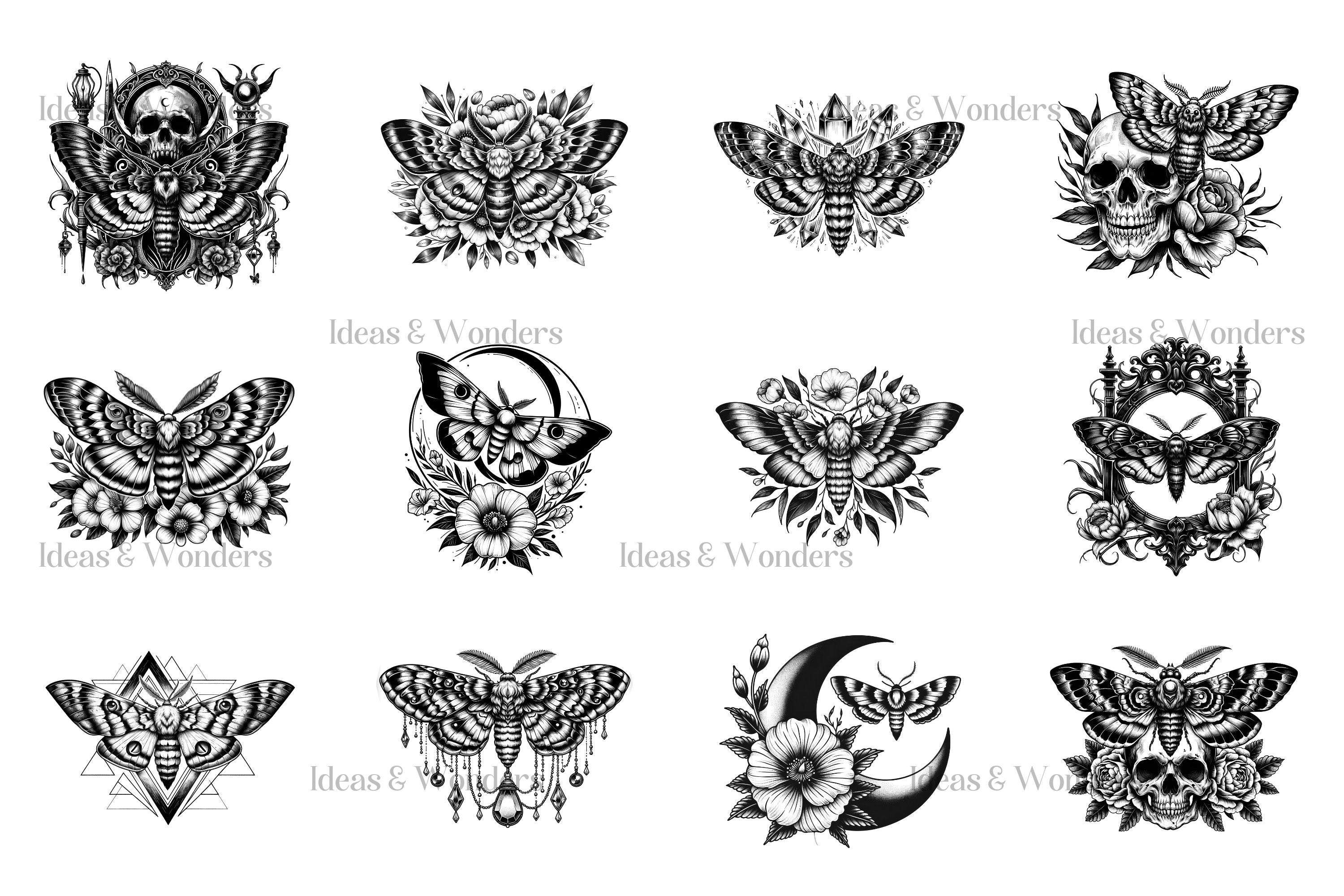 Moth Tattoo Procreate Stamps, Moth Designs, Insects, Moth and Crescent ...