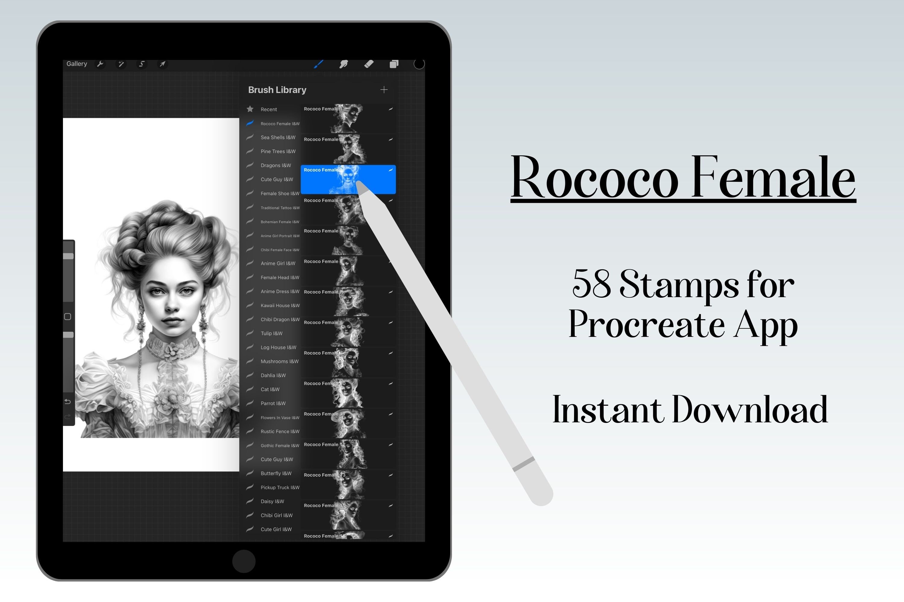 Rococo Female Procreate Stamps, Procreate Brushes, Victorian Female, Baroque Lady, Reference ...