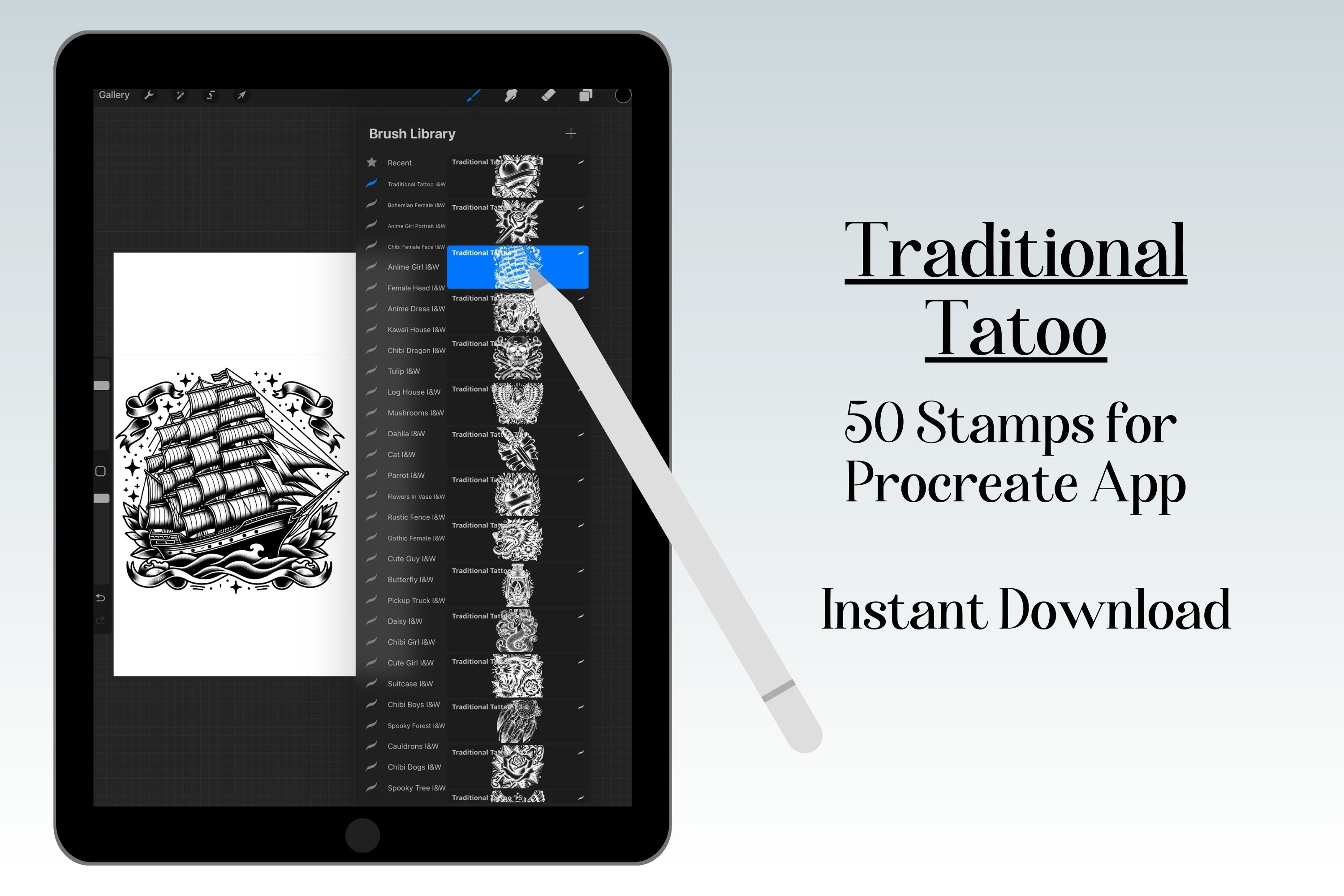 Traditional Old School Tattoos Procreate Stamps, 50 Procreate Brush ...