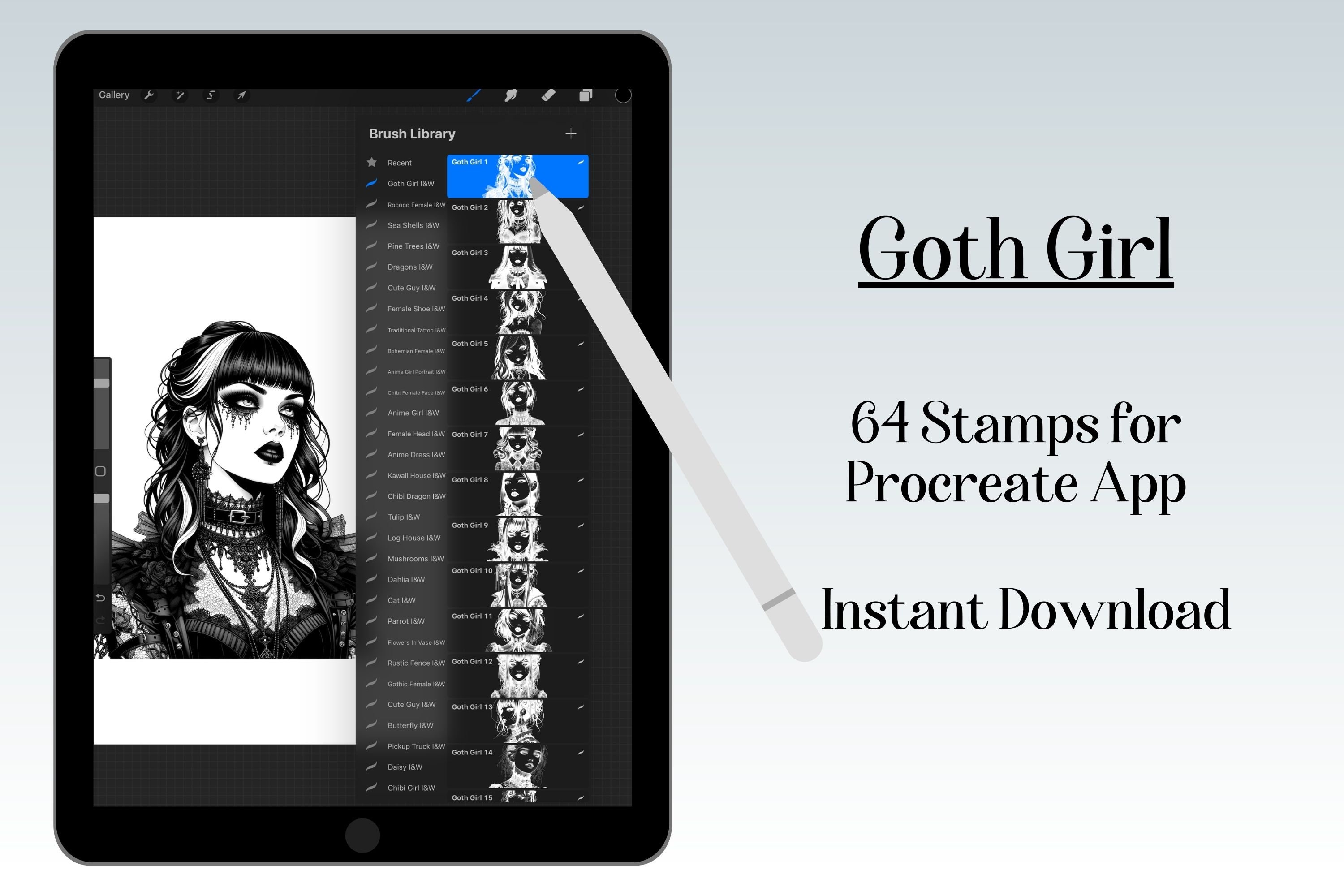 Goth Girl Procreate Stamps: 64 Gothic Female Brushes (digital Download ...