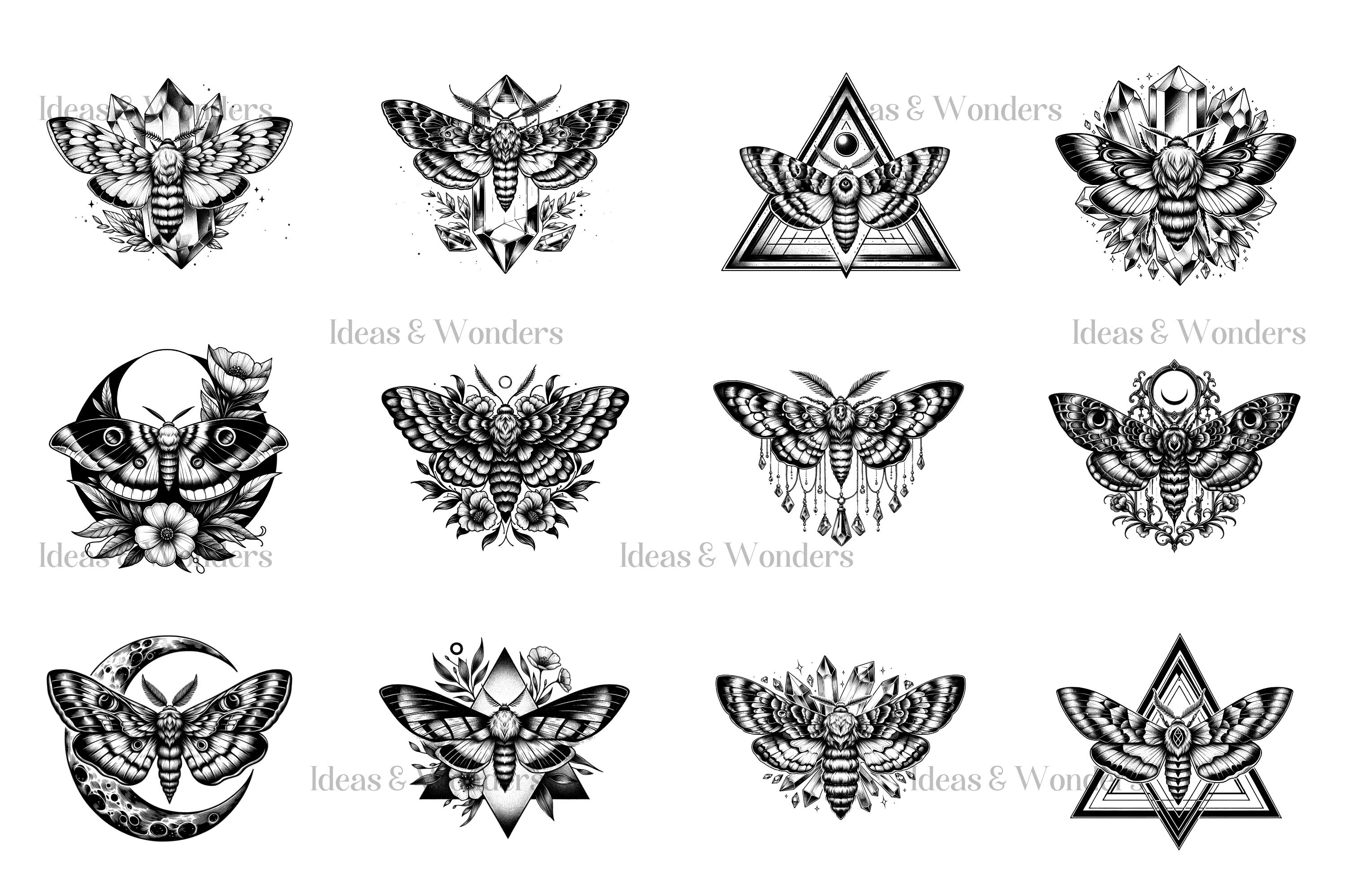 Moth Tattoo Procreate Stamps, Moth Designs, Insects, Moth and Crescent ...