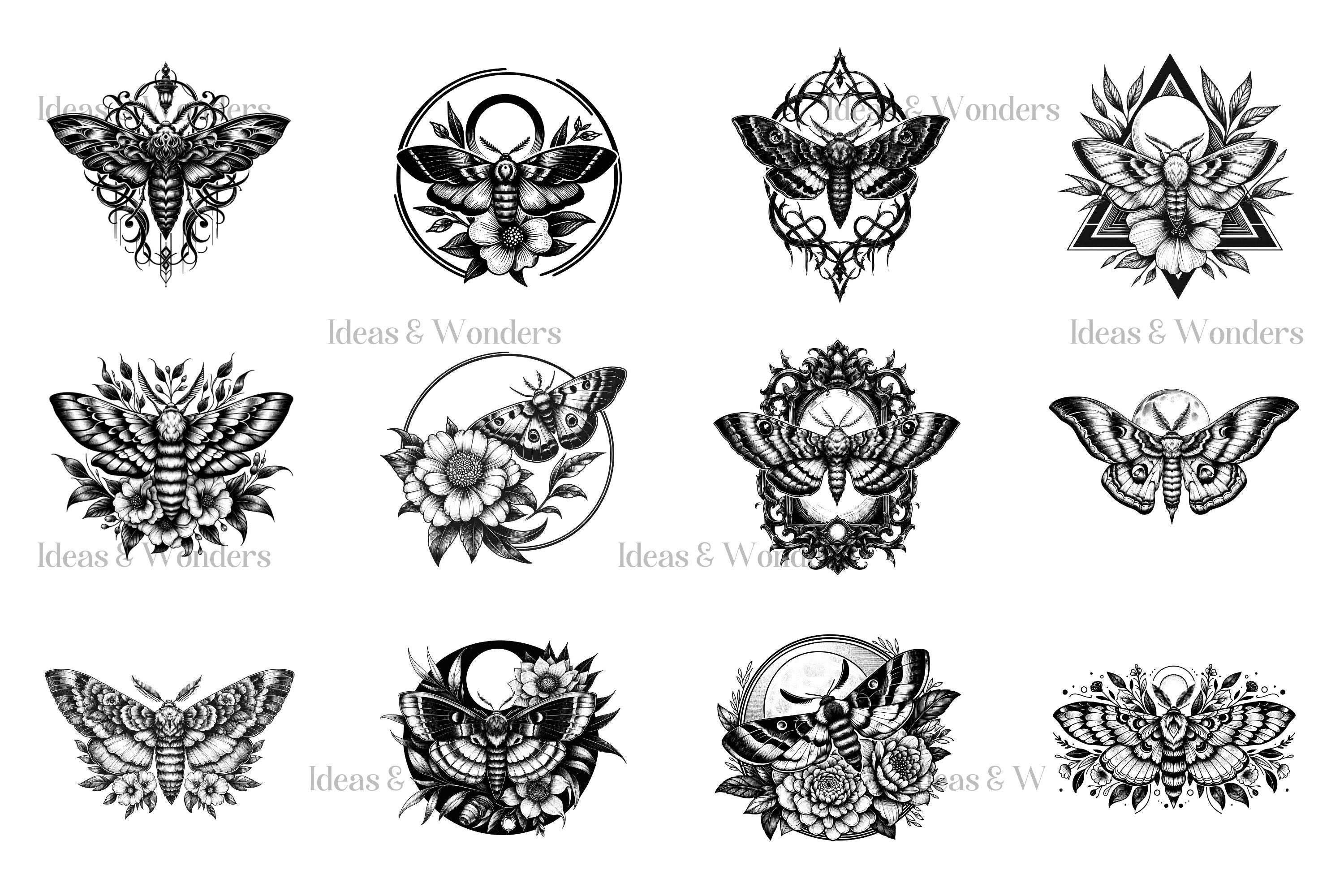 Moth Tattoo Procreate Stamps, Moth Designs, Insects, Moth and Crescent ...