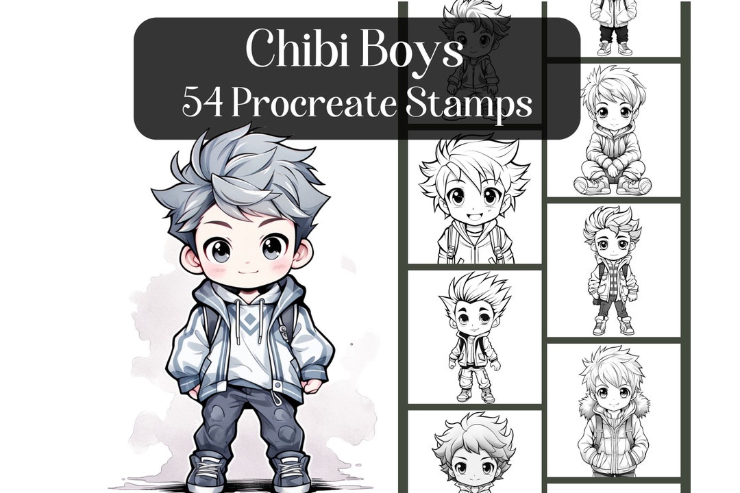 Chibi Boys Procreate Stamps, 54 Cute Cartoon Boy Brush Stamps for ...
