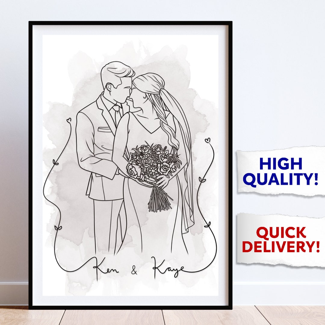 Couple Portrait, Couple Custom Line Drawing, Bride and Groom, Faceless ...