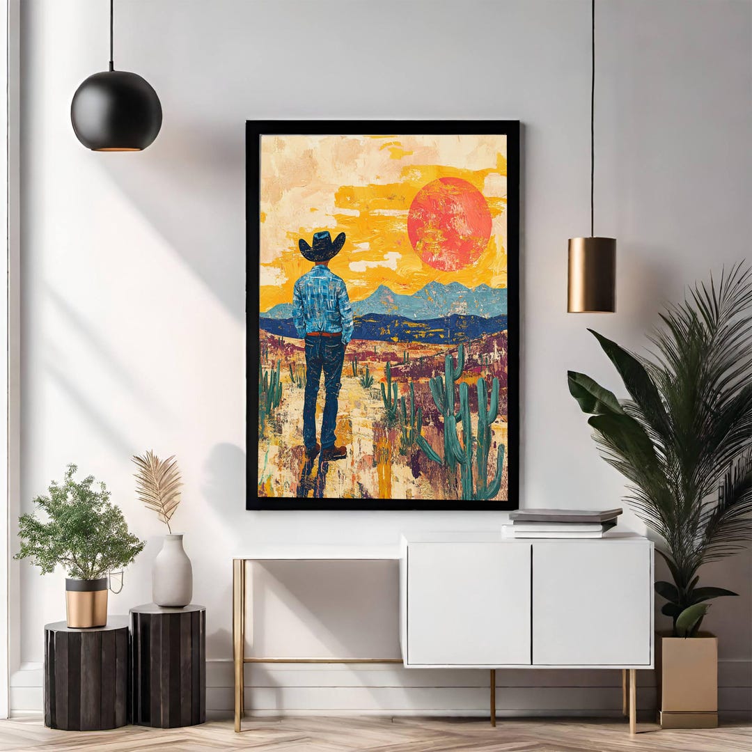 Cowboy Print Western Desert Landscape Print Van Gogh Style Vintage Oil ...