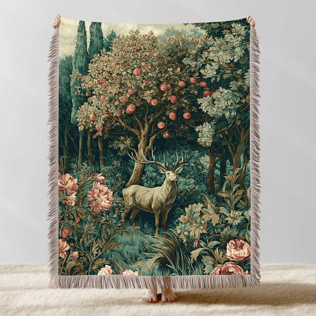 Woodland Stag Cotton Blanket, Nature Blankets, Vintage Forest 100% ...