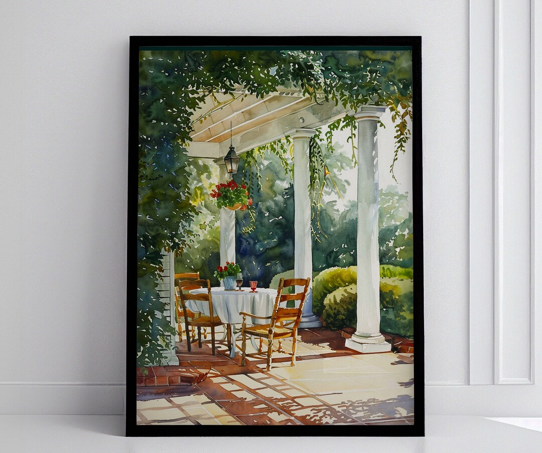 Vintage English Countryside Water Colour Painting, Patio Scene Art ...