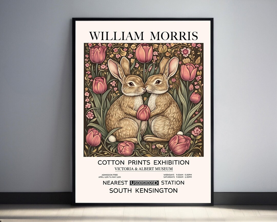William Morris 2 Rabbits Pink Tulips Classic Vintage Art Print British ...