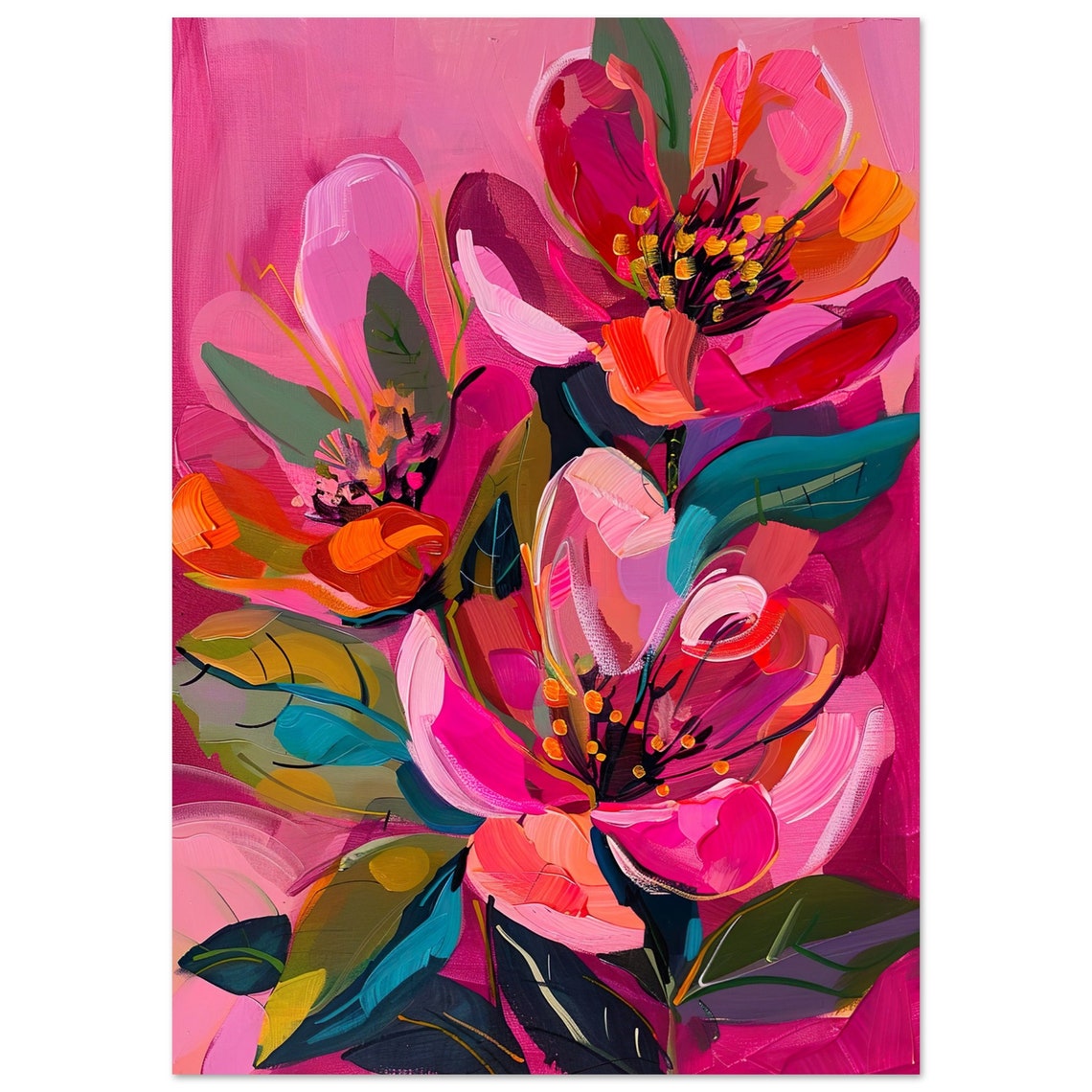 Big Pink Flowers Art Print, Pink Abstract Vibrant Art Print, Dopamine ...