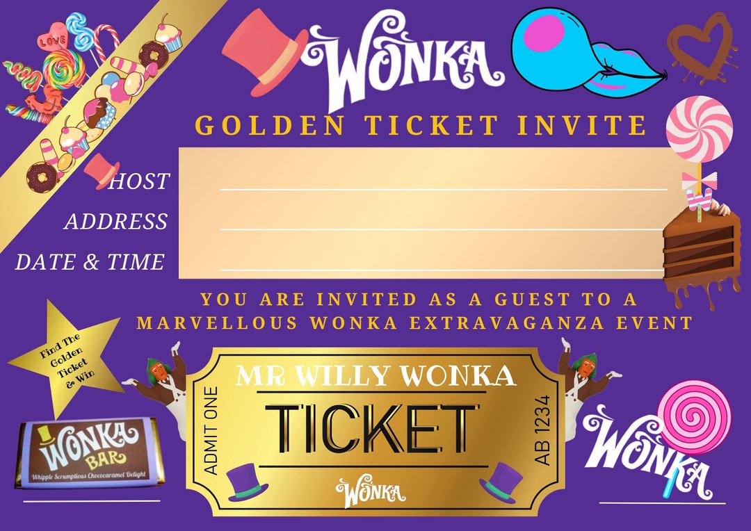 Wonka Golden Ticket Invitation A4 Charlie and the Chocolate Factory ...