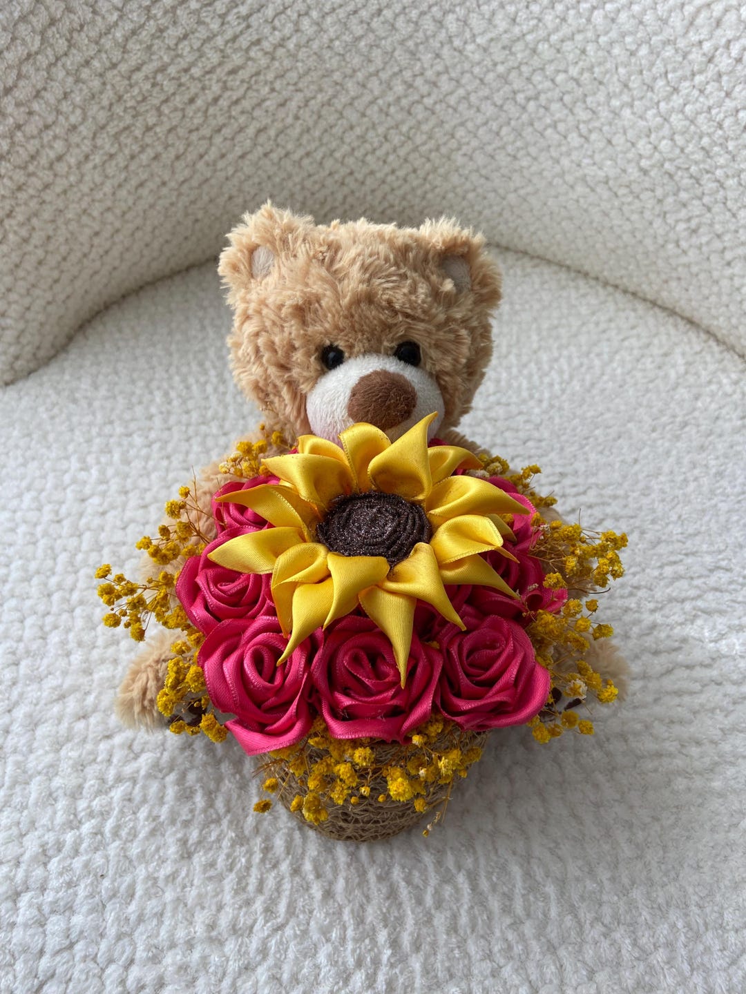 Teddy Bear Flower Arrangement: Handmade Pink Satin Roses & Sunflower ...